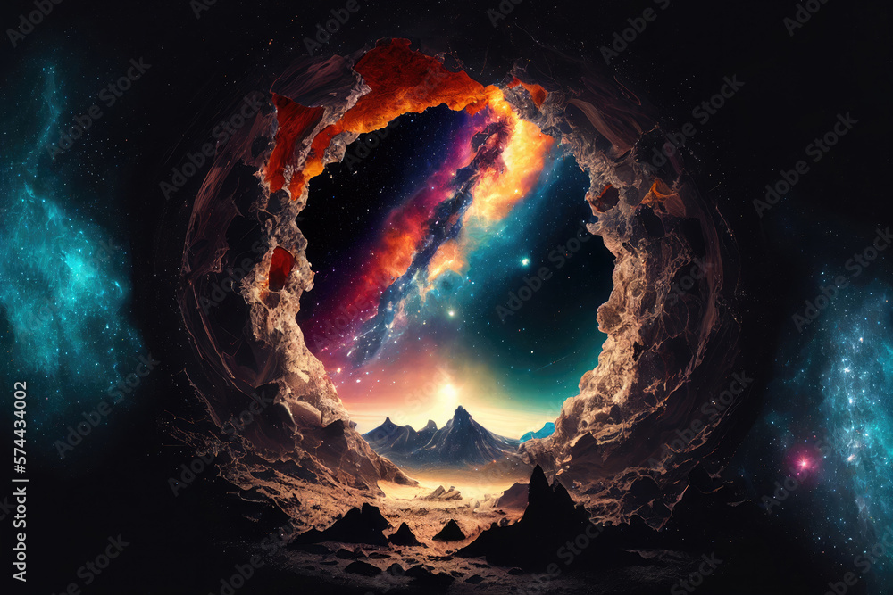 Portal to another world. Futuristic cosmic landscape with circle tunnel ...