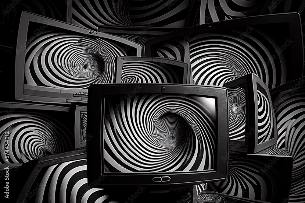 Concept of propaganda and fake news, TV addiction. A lot of retro TV in ...