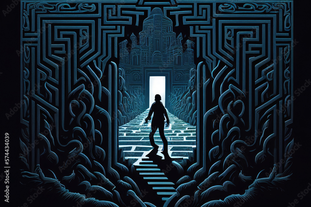 Person wanders in labyrinth of his consciousness. Man silhouette in ...