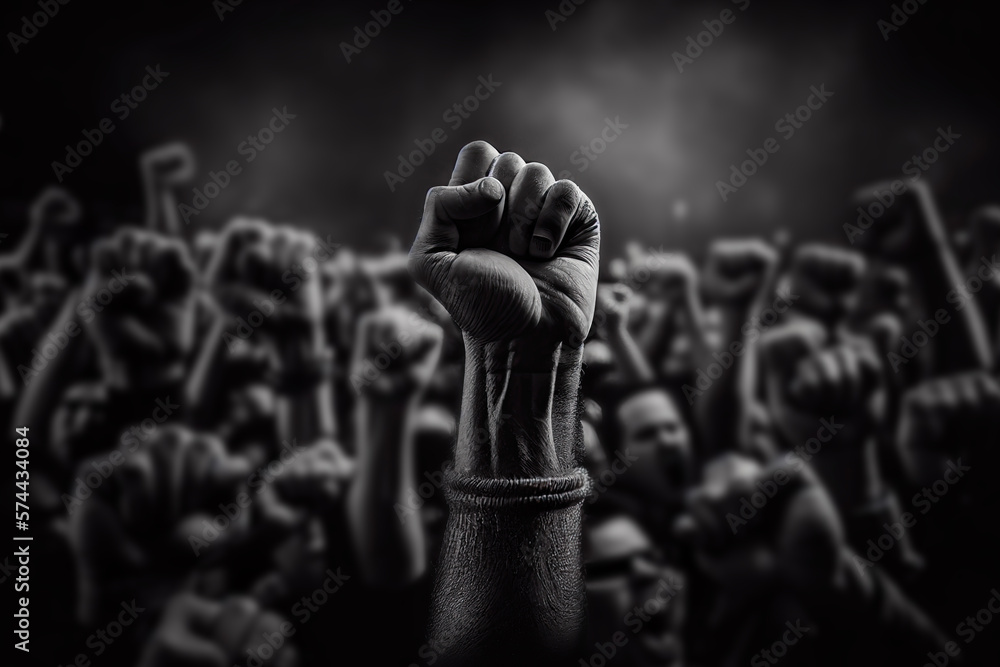 Protest activists. Crowd with raising fists at city street. Group of ...