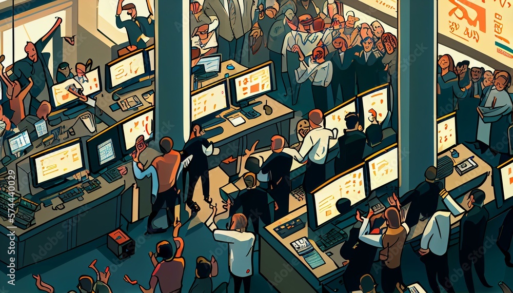 Ilustrace „An overhead illustration of a bustling stock trading floor ...
