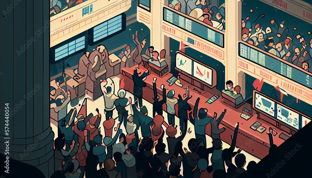 An overhead illustration of a bustling stock trading floor with traders ...