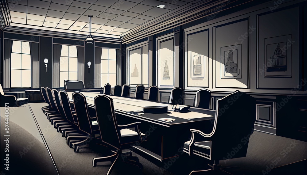 A detailed illustration of a corporate boardroom with a long conference ...