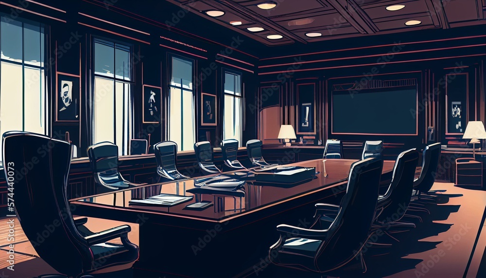 A detailed illustration of a corporate boardroom with a long conference ...
