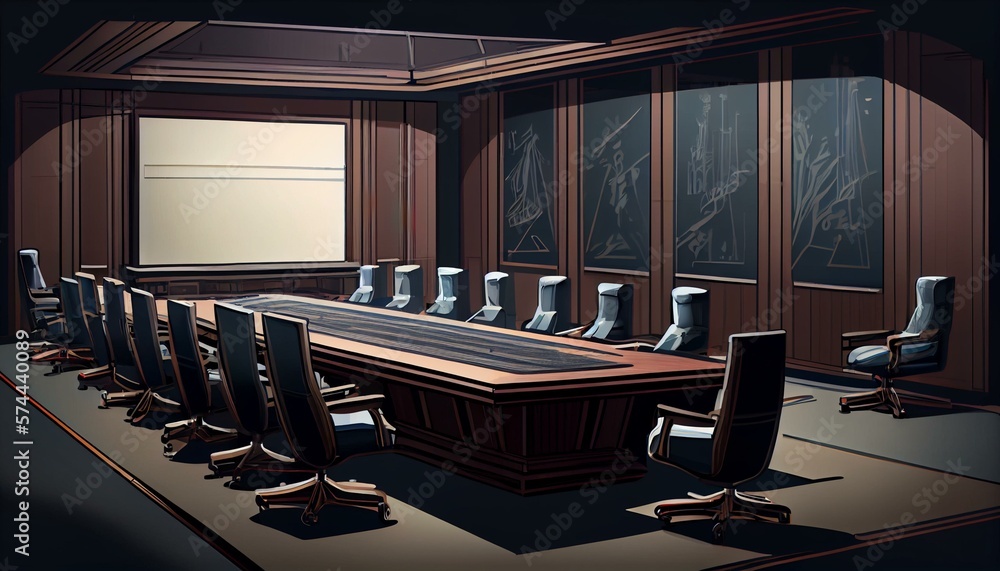 A detailed illustration of a corporate boardroom with a long conference ...