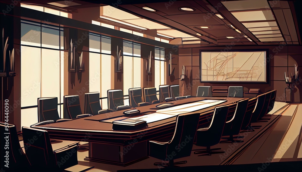 A detailed illustration of a corporate boardroom with a long conference ...