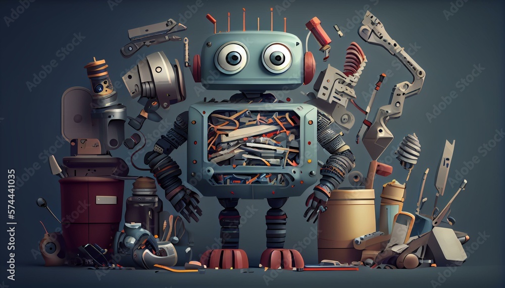 An illustration of a robot with various tools and gadgets, representing ...