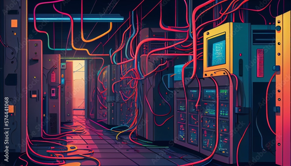 A detailed illustration of a server room with racks of blinking ...