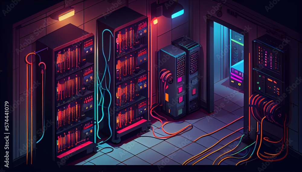 A detailed illustration of a server room with racks of blinking ...
