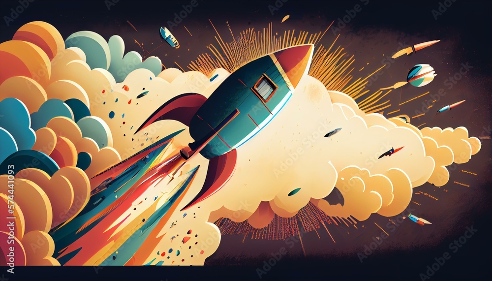 A stylized illustration of a rocket blasting off, representing ...