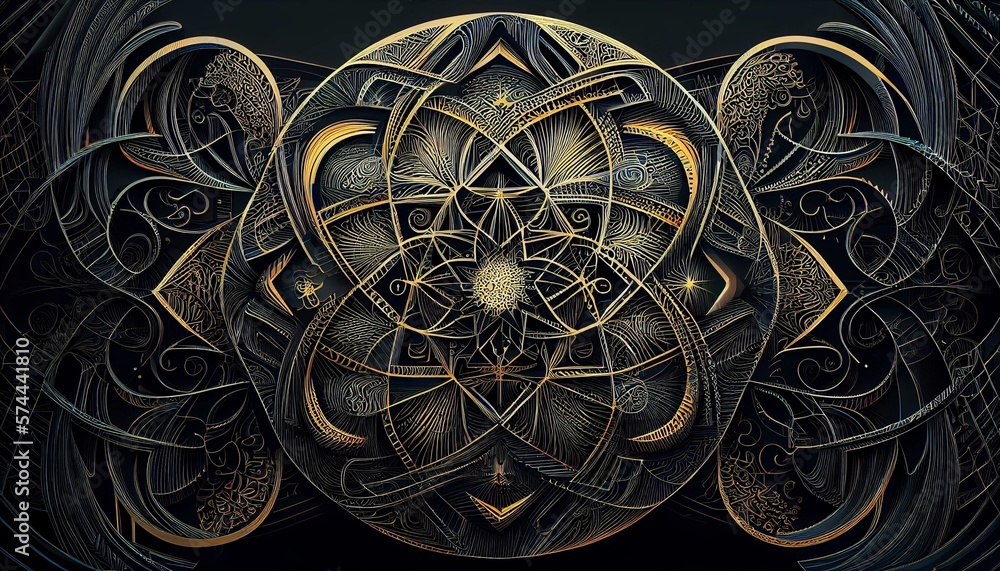A detailed illustration of a complex geometric pattern, with intricate lines and shapes forming ...