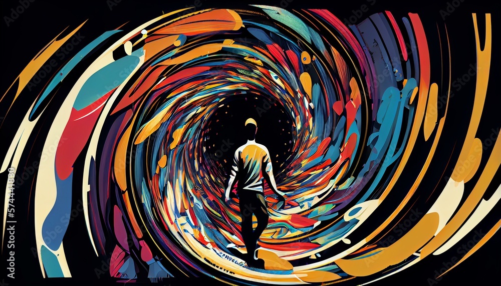 An abstract illustration of a person standing in the center of a ...