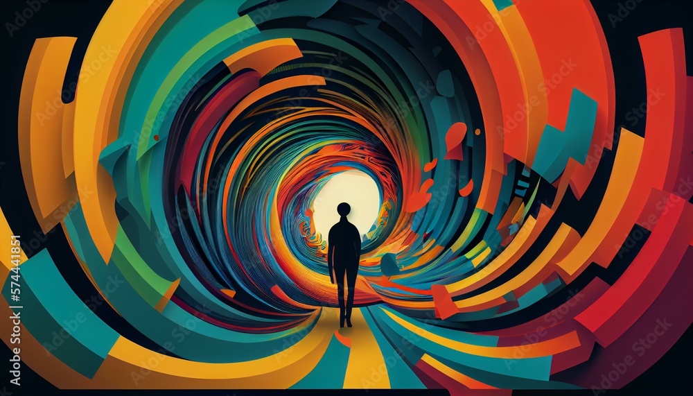 An abstract illustration of a person standing in the center of a ...