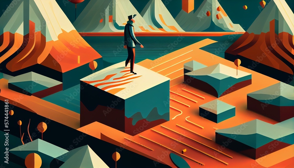 An illustration of a person standing on a floating platform, with a ...