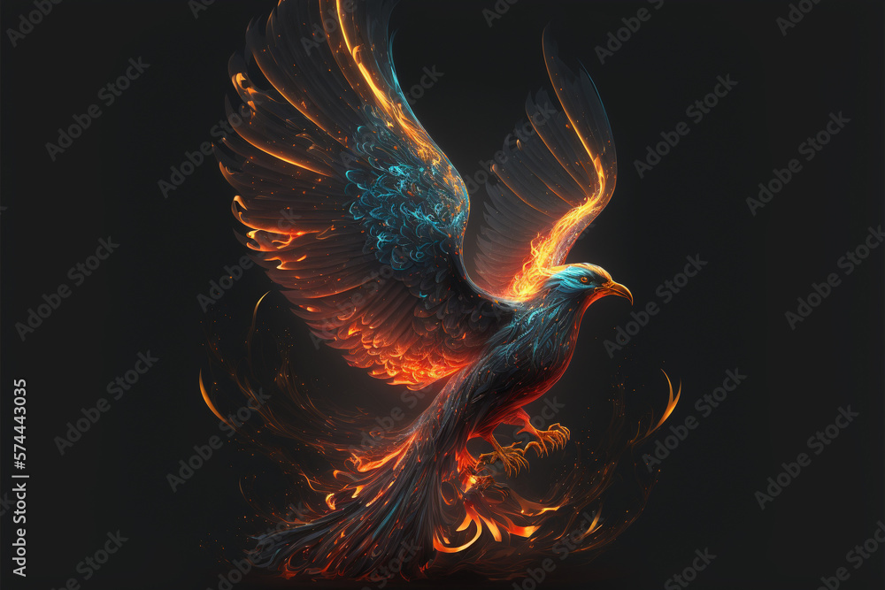 Phoenix bird with wings on fire. Mythological folklore spiritual ...