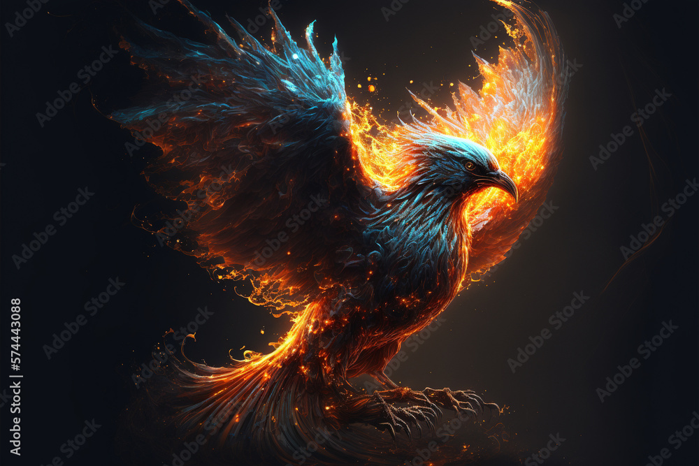 Phoenix bird with wings on fire. Mythological folklore spiritual ...