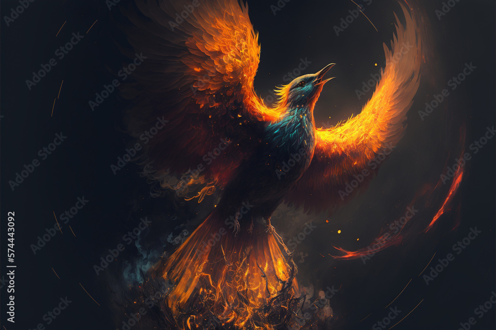 Phoenix bird with wings on fire. Mythological folklore spiritual ...