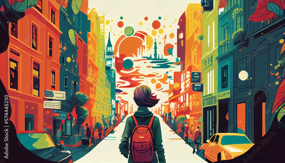 An illustration of a person exploring a new city, with landmarks ...