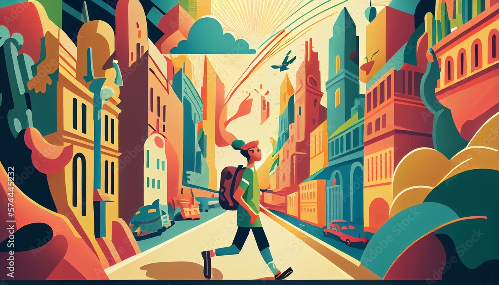 An illustration of a person exploring a new city, with landmarks ...