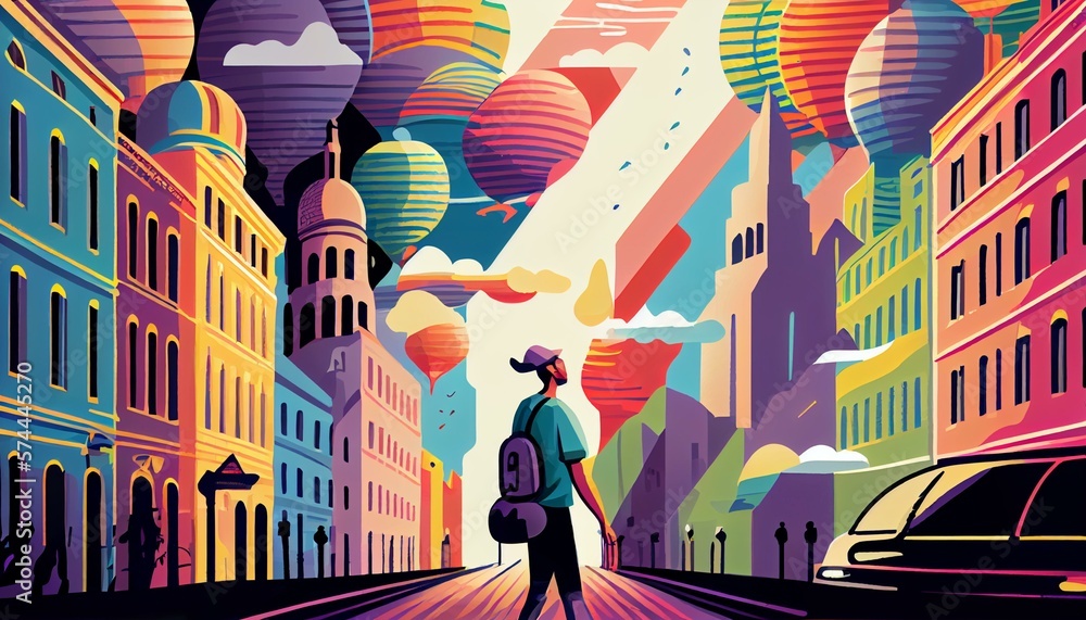 An illustration of a person exploring a new city, with landmarks ...