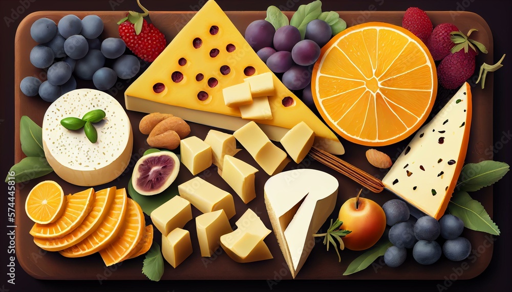 A detailed illustration of a gourmet cheese platter with various types ...