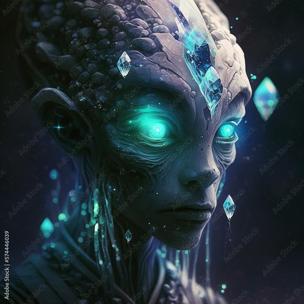 An alien with a glowing crystal embedded in its forehead. Created using ...