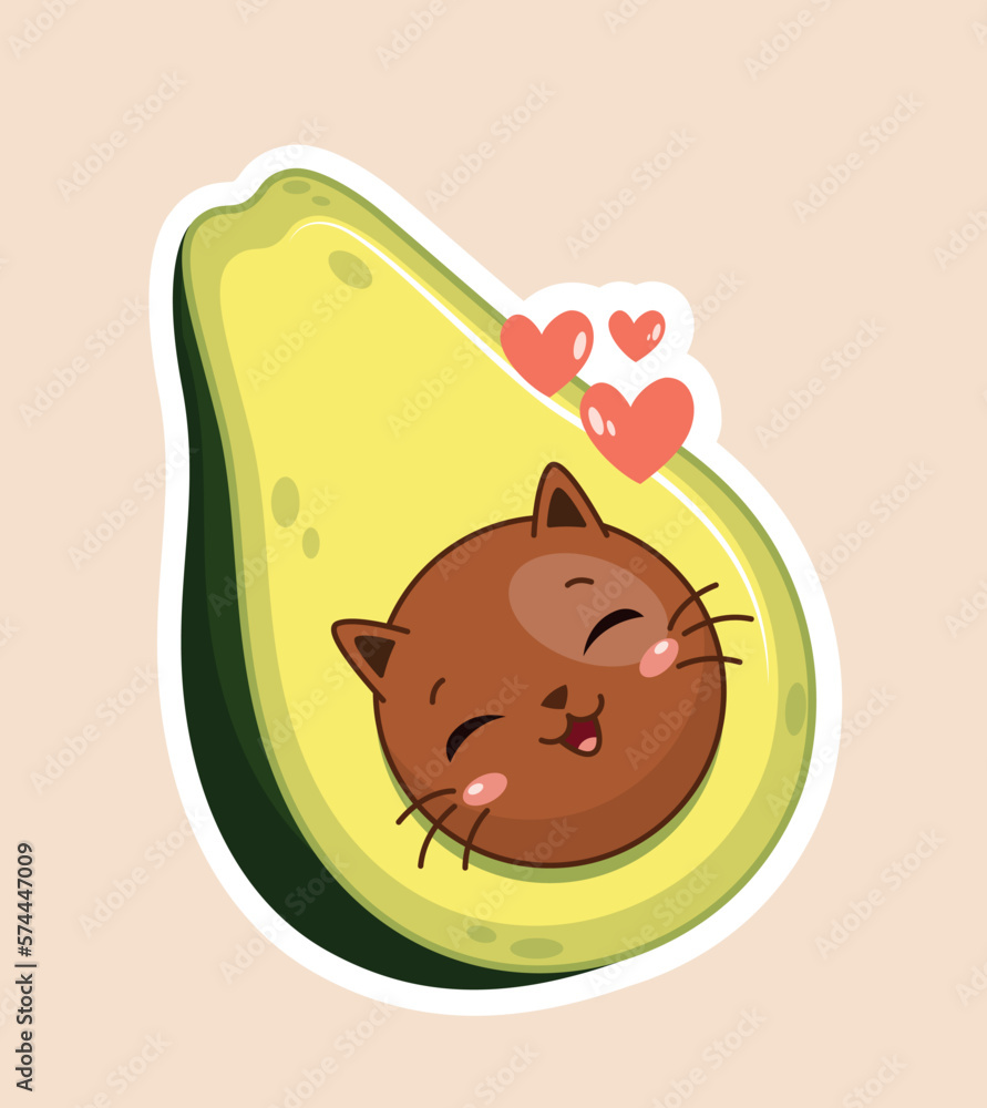 Kawaii avocado sticker. Fruit with cats face instead of seed. Healthy ...