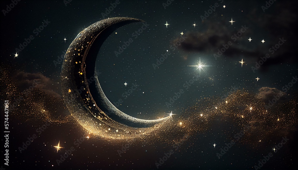 An ethereal bokeh background of glittering stars and a crescent moon in ...