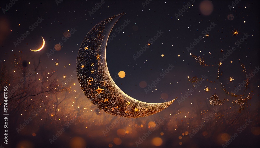 An ethereal bokeh background of glittering stars and a crescent moon in ...