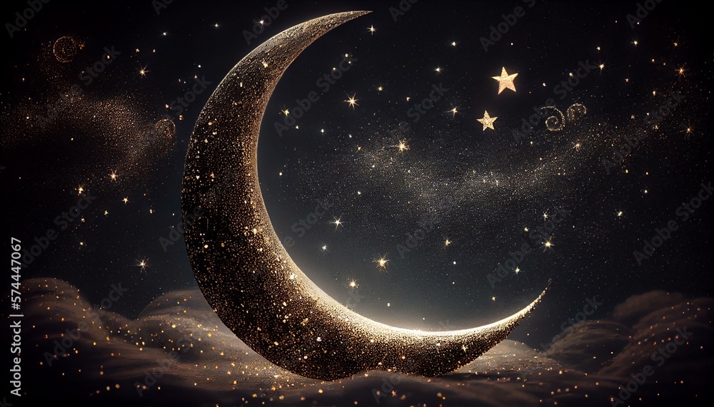 An ethereal bokeh background of glittering stars and a crescent moon in ...