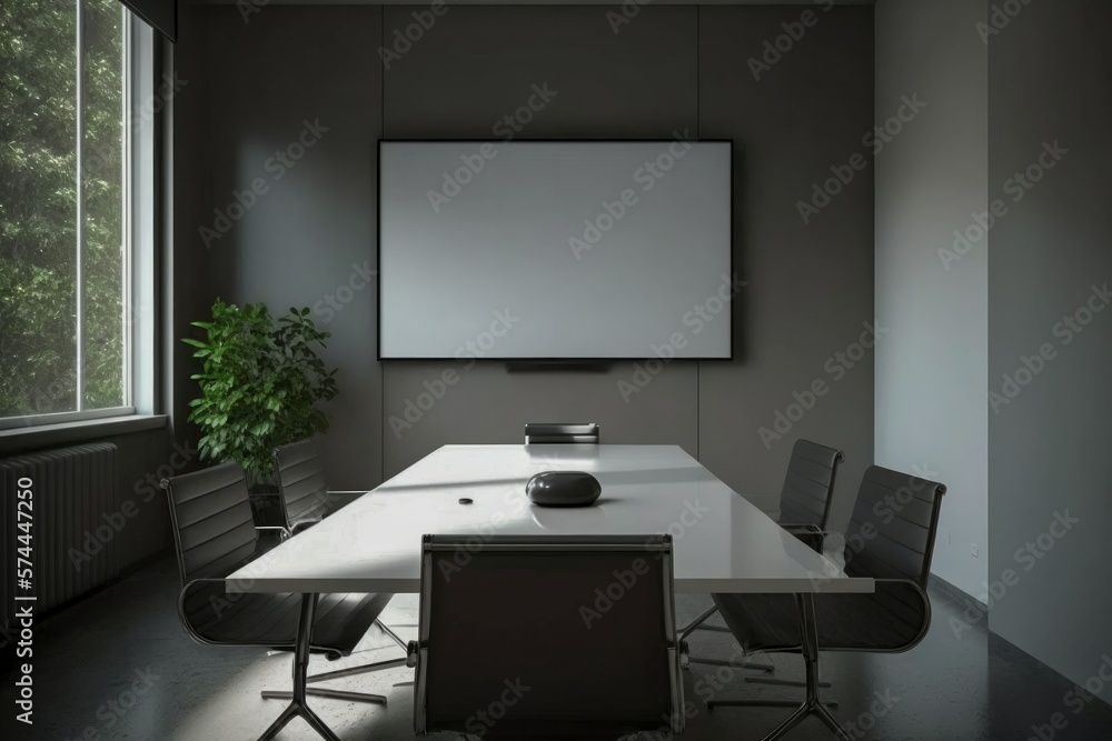 Large blank screen in the office meeting room , modern interior. Table ...