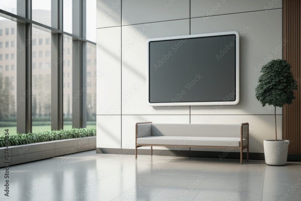 Large tv screen display monitor in clinic, hospital foyer, lobby ...