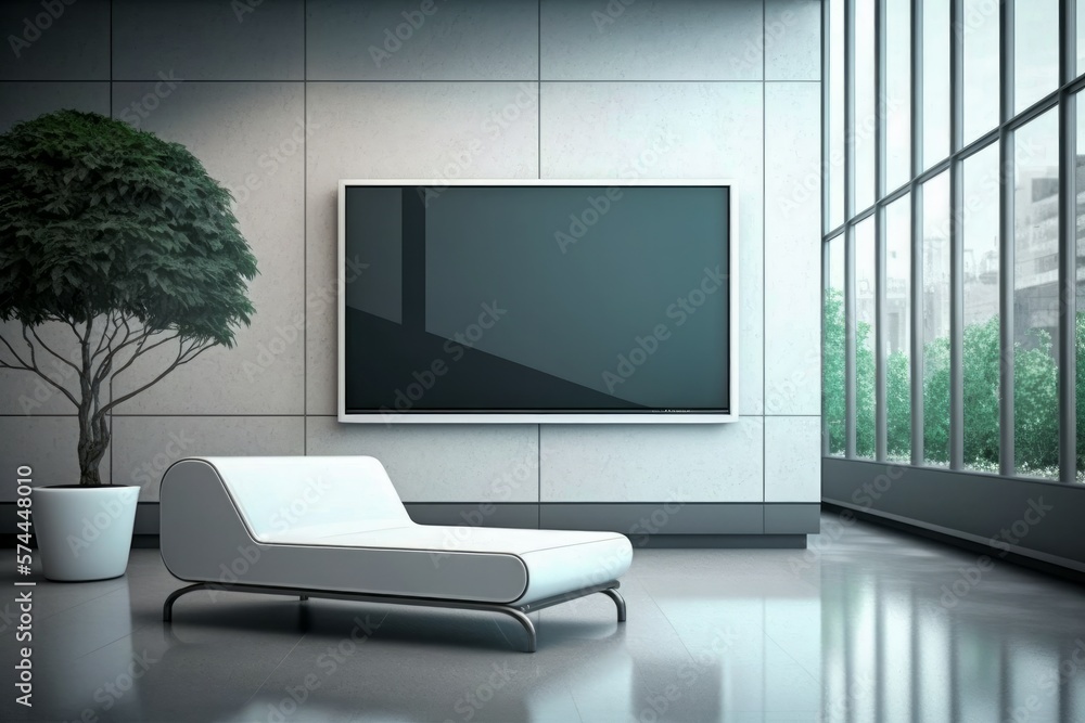 Large tv screen display monitor in foyer, lobby, office hall, public ...