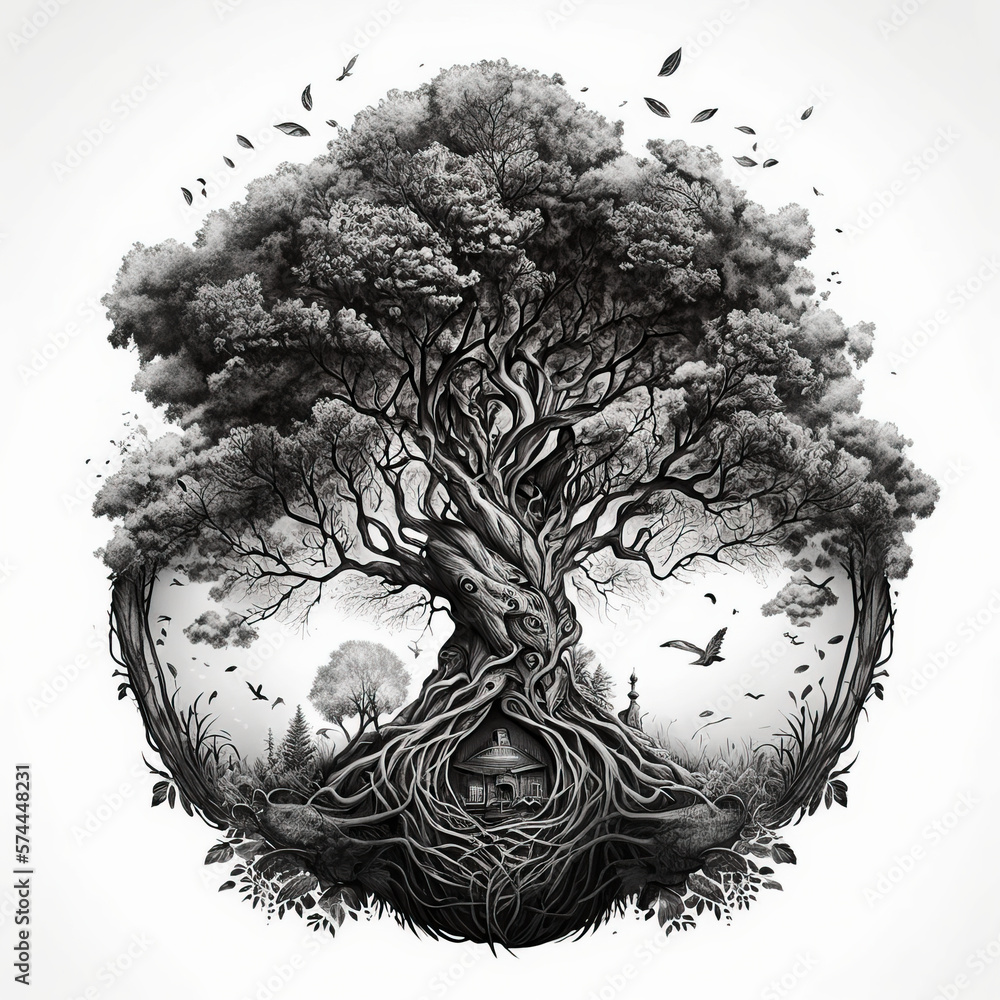 Tree of life, black and white sketch. bw ilustración de Stock | Adobe Stock