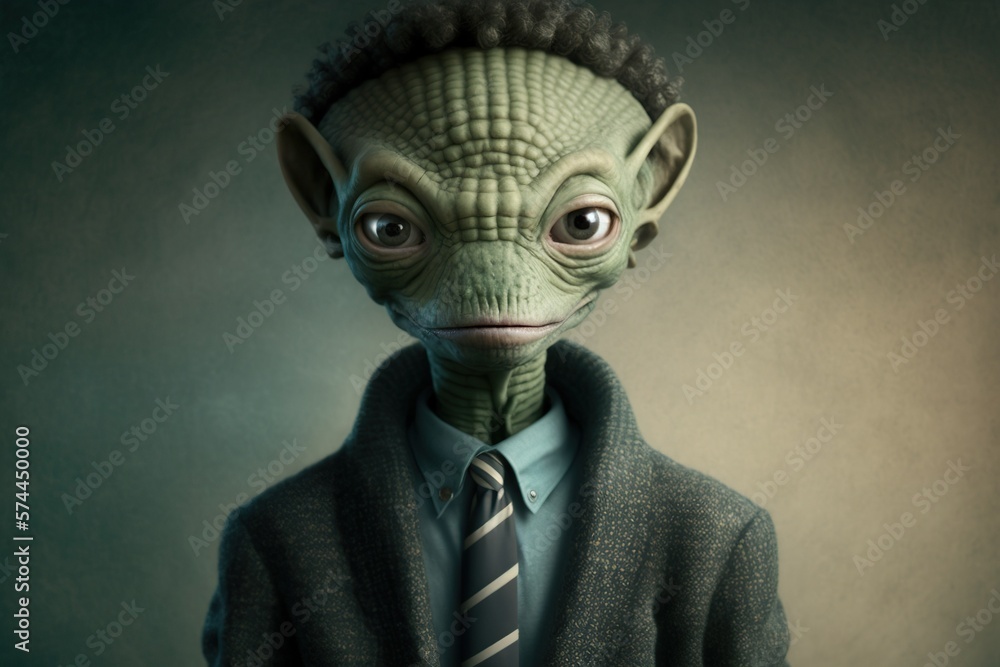 Alien in teddy boys style, studio lighting, neutral background, concept ...