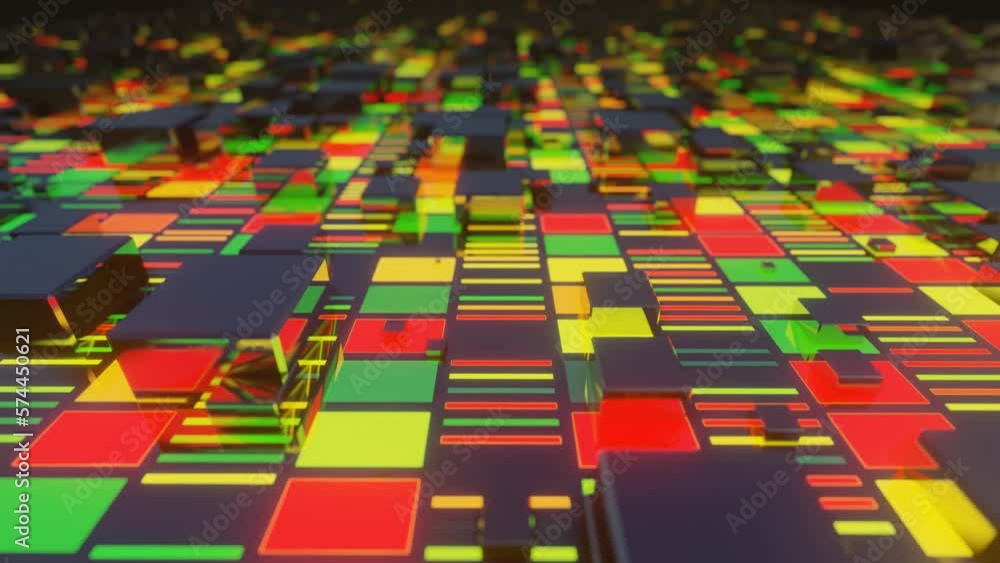 4k looped animation. Flight over hi tech pattern on plane surface, neon ...