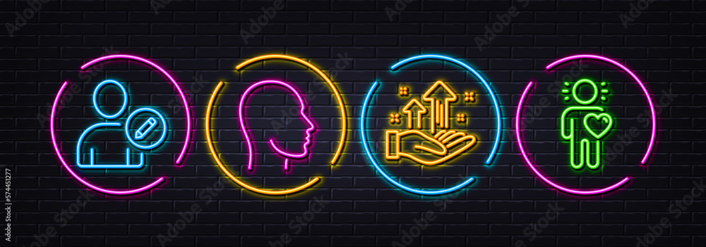 Edit user, Head and Analysis graph minimal line icons. Neon laser 3d lights. Friend icons. For ...