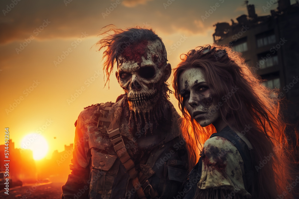 Living dead in destroyed city at post apocalypse, portrait of scary man ...