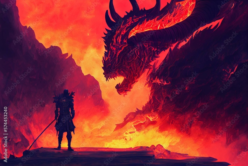 knight with a sword facing a god like lava demon devil in hell, epic ...