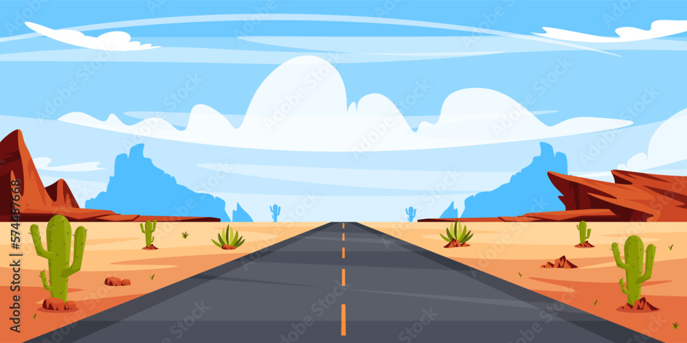Vector illustration of a summer landscape with an asphalt road in the ...
