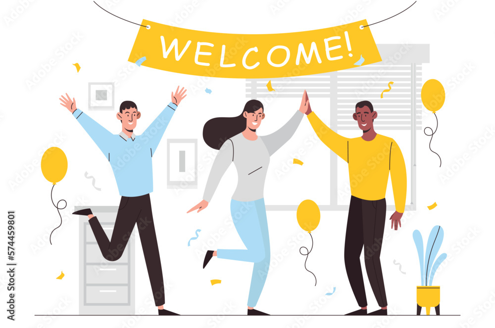 Welcome party concept. Men and women greet newcomer, member. Friendly team, colleagues and ...