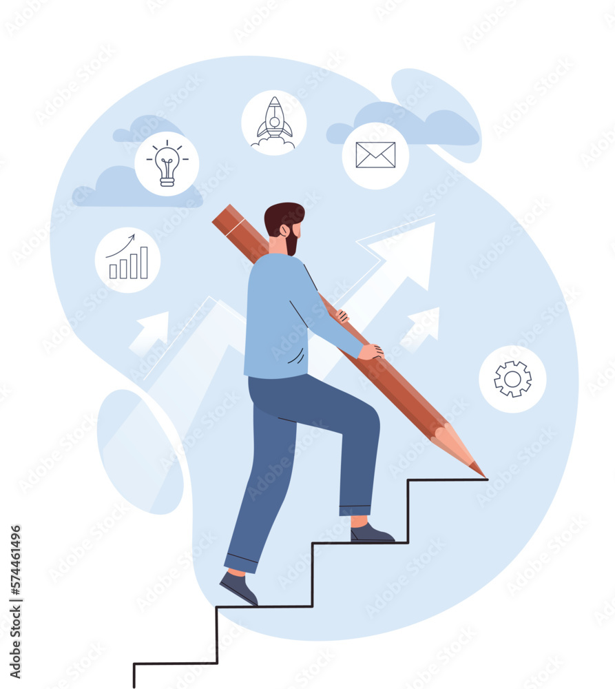 Next steps concept. Man with pencil draws himself ladder up. Self ...