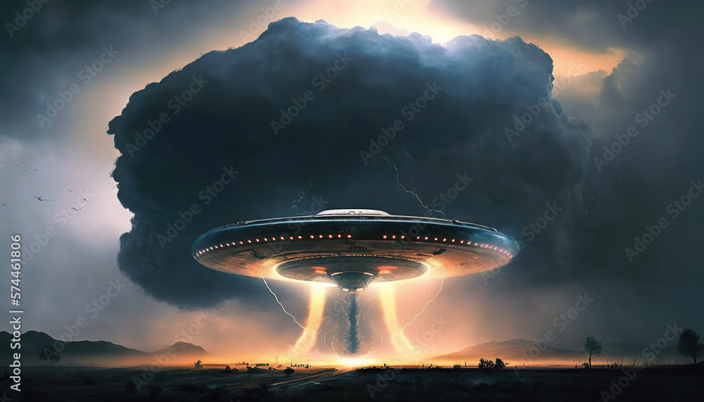 Flying saucer flies over highways and in the desert. Invasion of ...