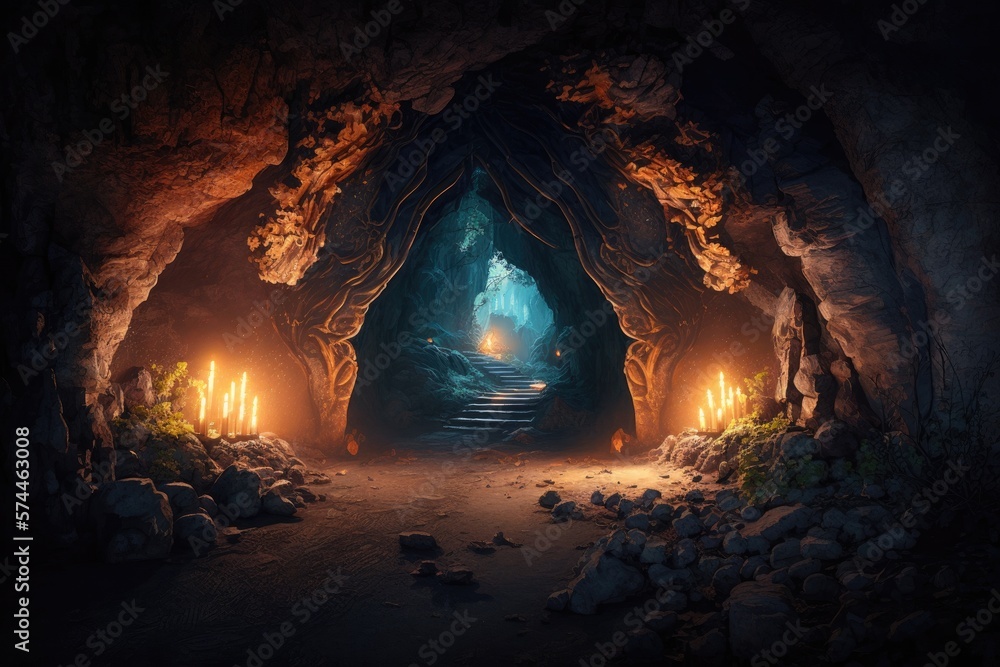 Cave entrance with fire torches, cave interior, Generative AI Stock ...