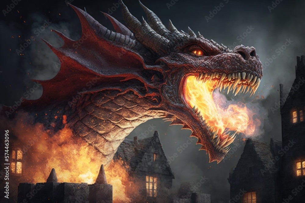 Dragon spitting fire in castle and medieval town, Generative AI Stock ...