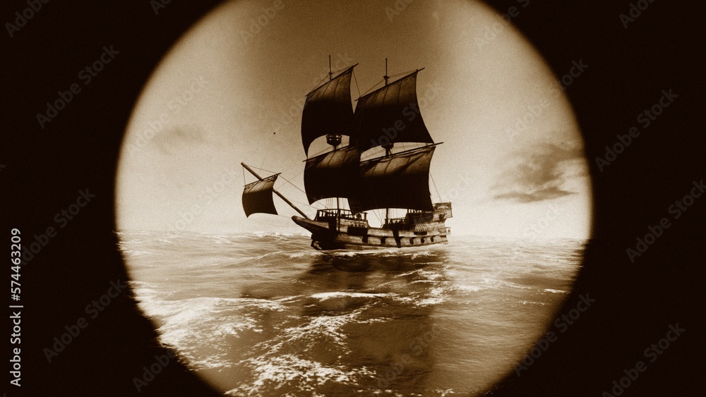 Retro, antique, stylized illustration. An ancient pirate ship with ...