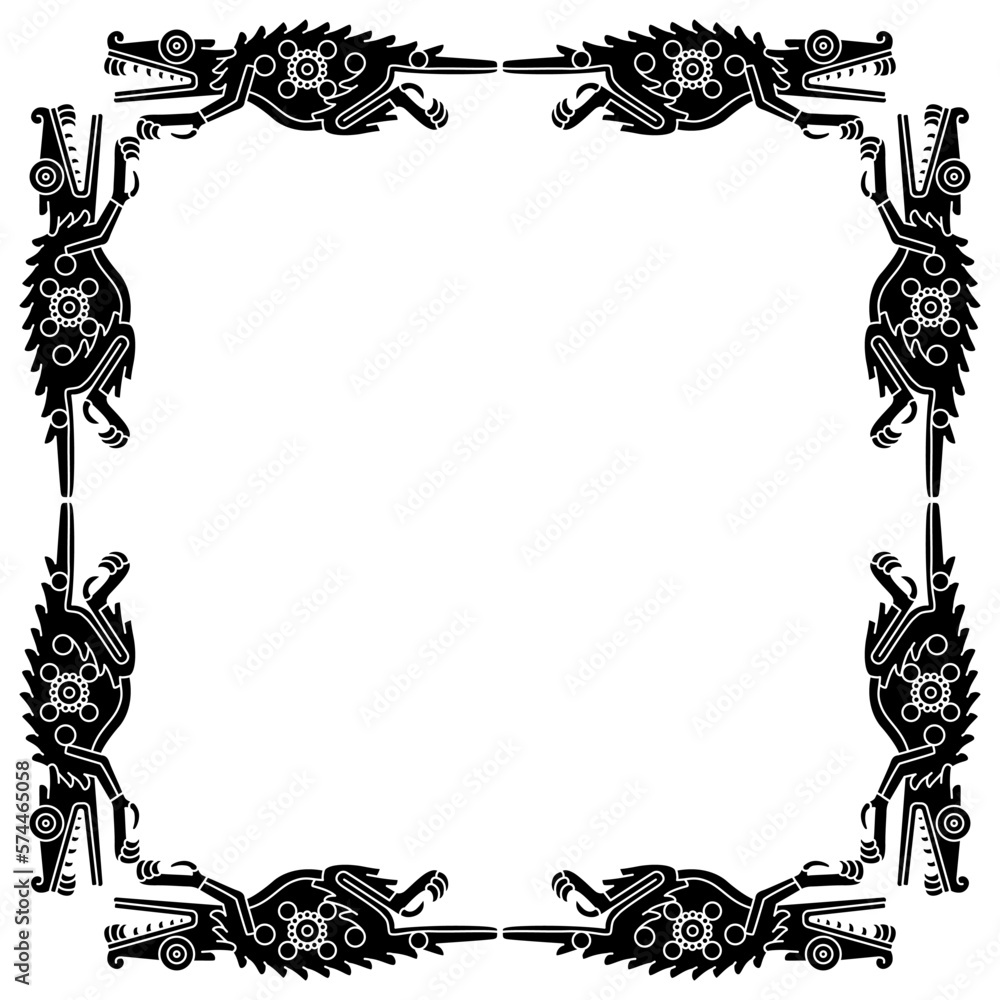Rectangular frame with fantastic crocodile monsters. Native American ...