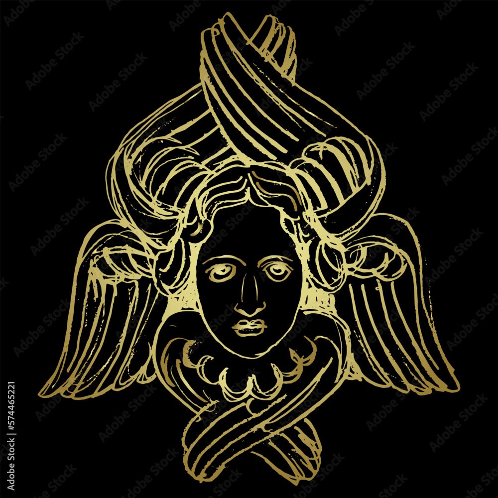 Head of Seraph or Seraphim. Face of an angel with six wings. Medieval ...