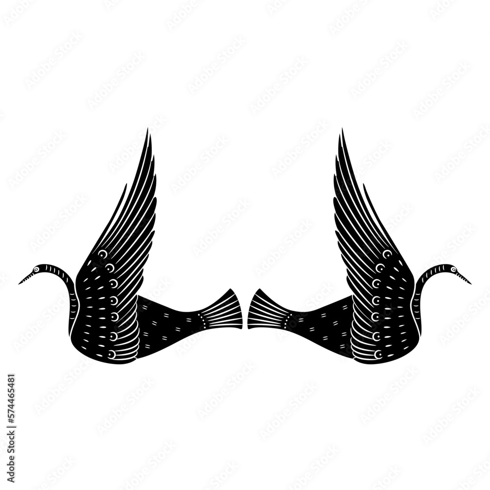 Symmetrical animal design with two flying birds. Swan or dove. Ancient ...