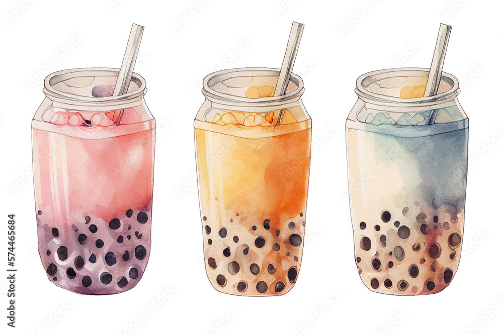 Watercolor boba tea or bubble milk tea with tapioca isolated on white ...